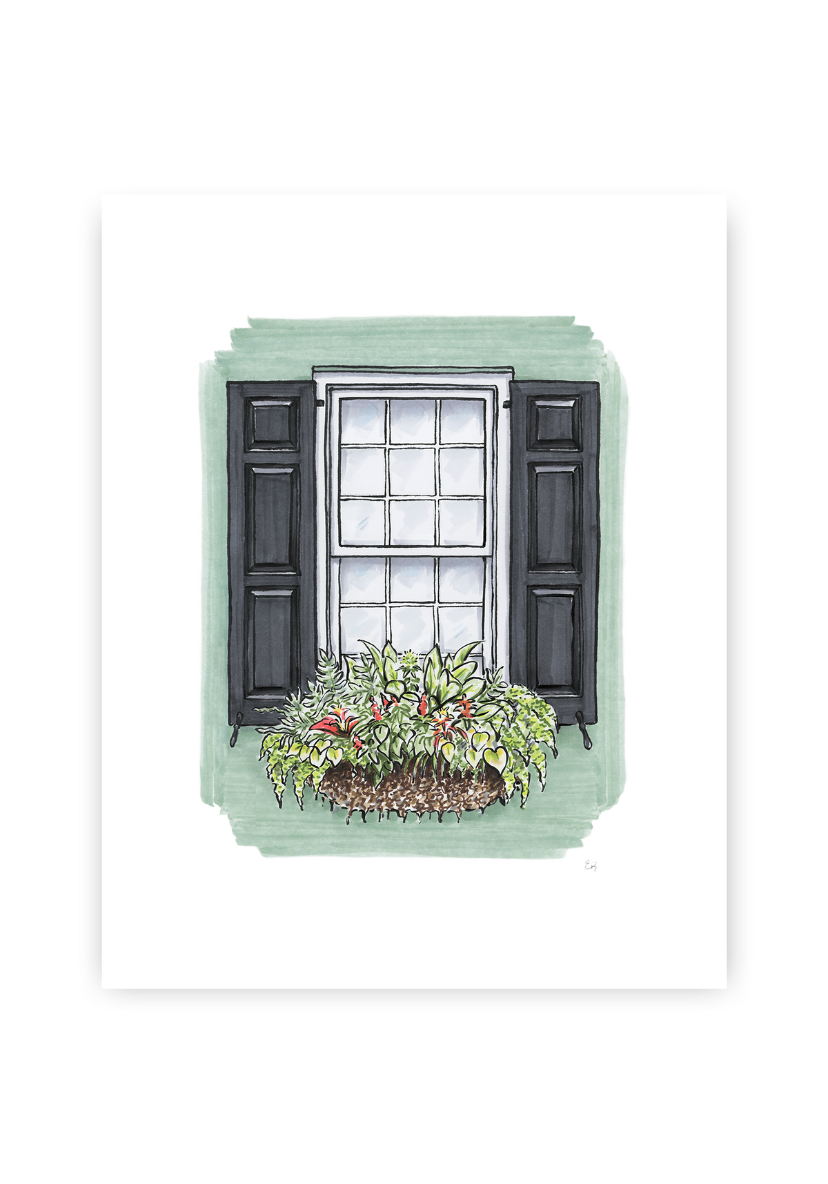Flower Box Print of Green House with Red Flowers - Texture Design Co.